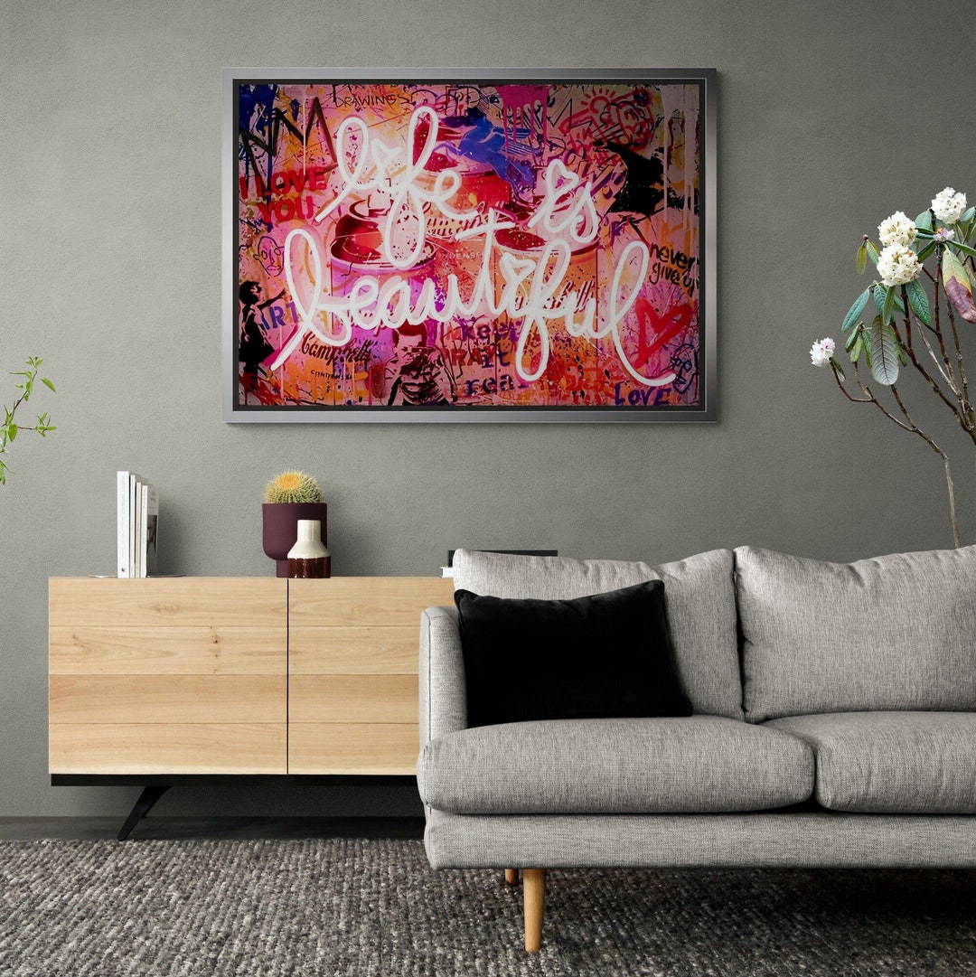 BANKSY Life is Beautiful Wall Art, Banksy Graffiti Framed Canvas, Life ...