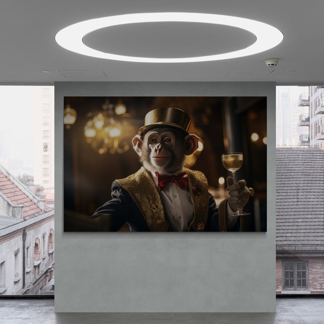 Hat Monkey Canvas, Waiter Monkey Wall Art, Animal Wall Art, Funny ...