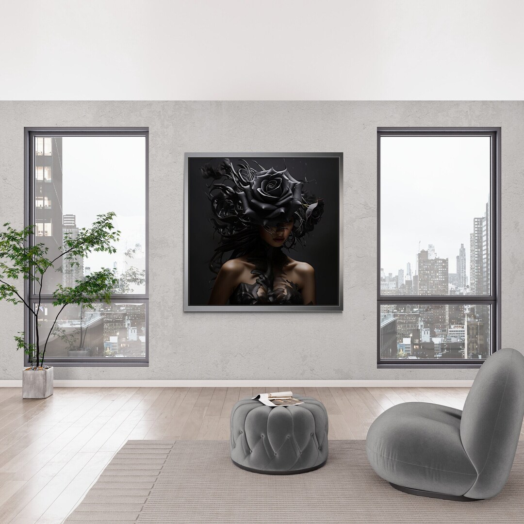 Black Rose Woman Framed Canvas, Rose Woman Head Wall Art, Abstract ...
