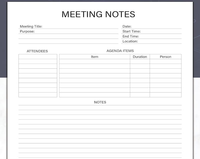 Meeting Notes Template Printable, Simple Meeting Notes Form, Minutes ...