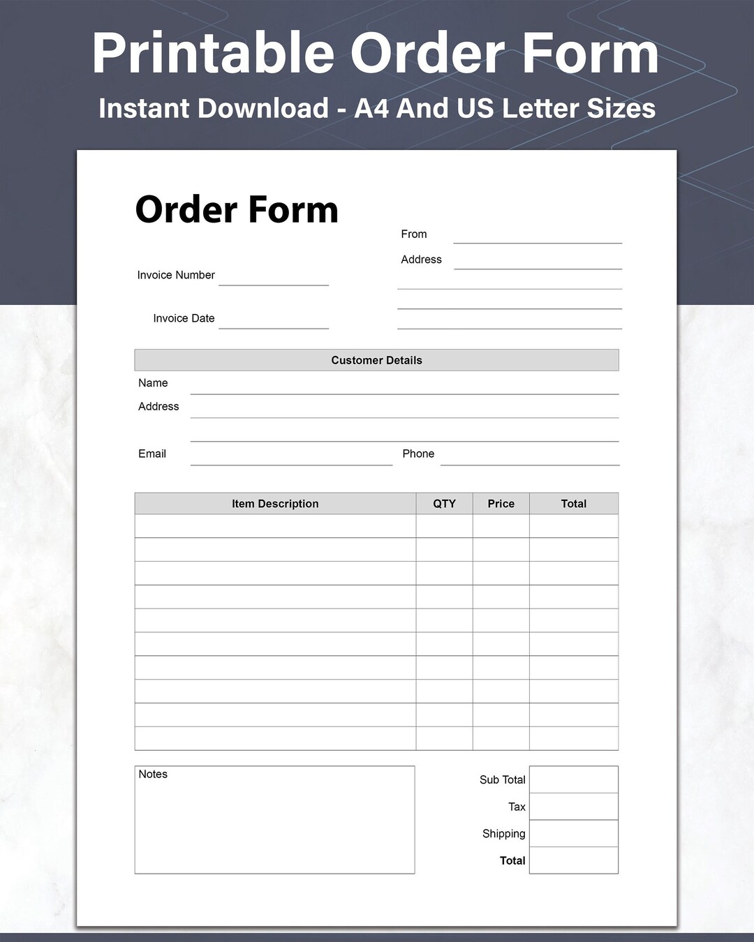 Order Form Template, Purchase Order Form and Simple Printable Customer ...