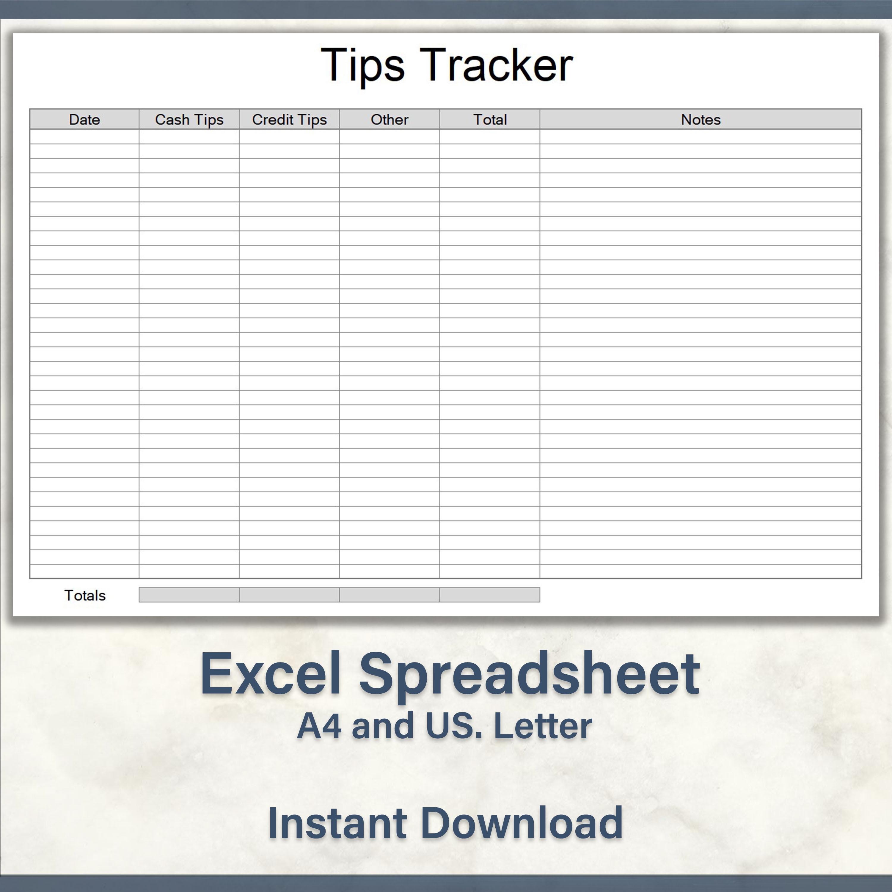 Tips Tracker, Printable Server Tips Tracker for Bars Restaurants or ...