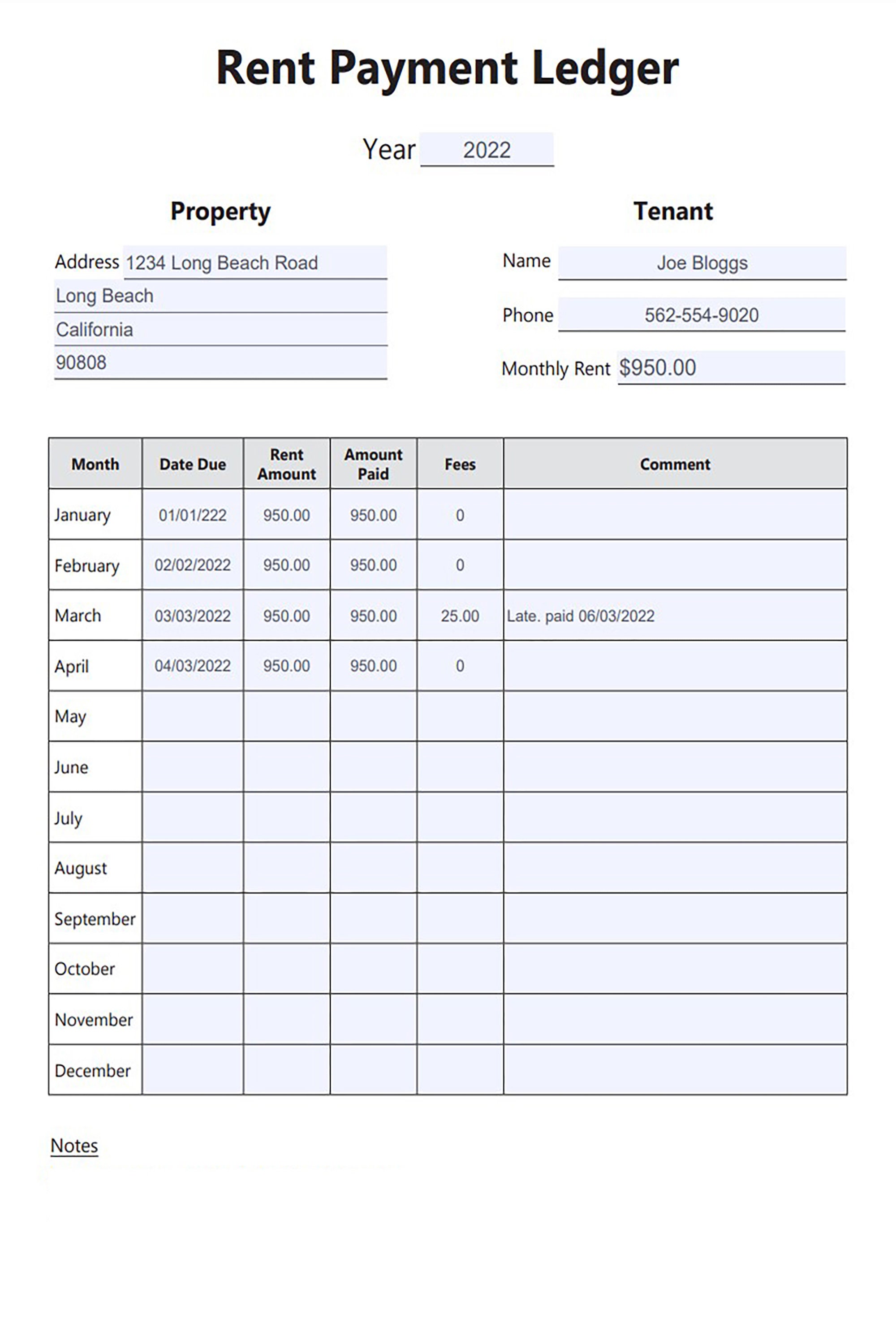 Rent Payment Ledger, Tenant Payment Log, Fillable and Printable Payment ...