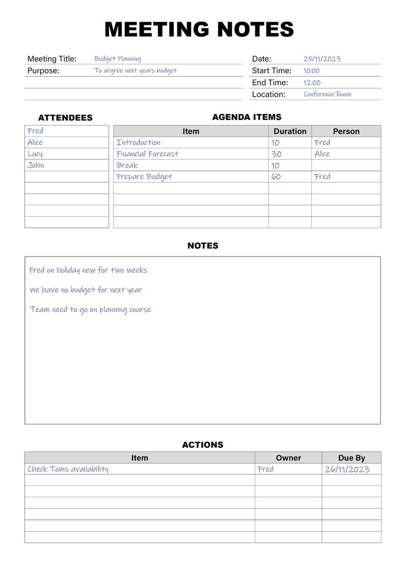 Meeting Notes Template, Agenda Planner, Customizable Client Meeting ...