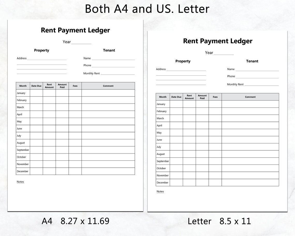 Rent Payment Ledger, Tenant Payment Log, Fillable and Printable Payment ...