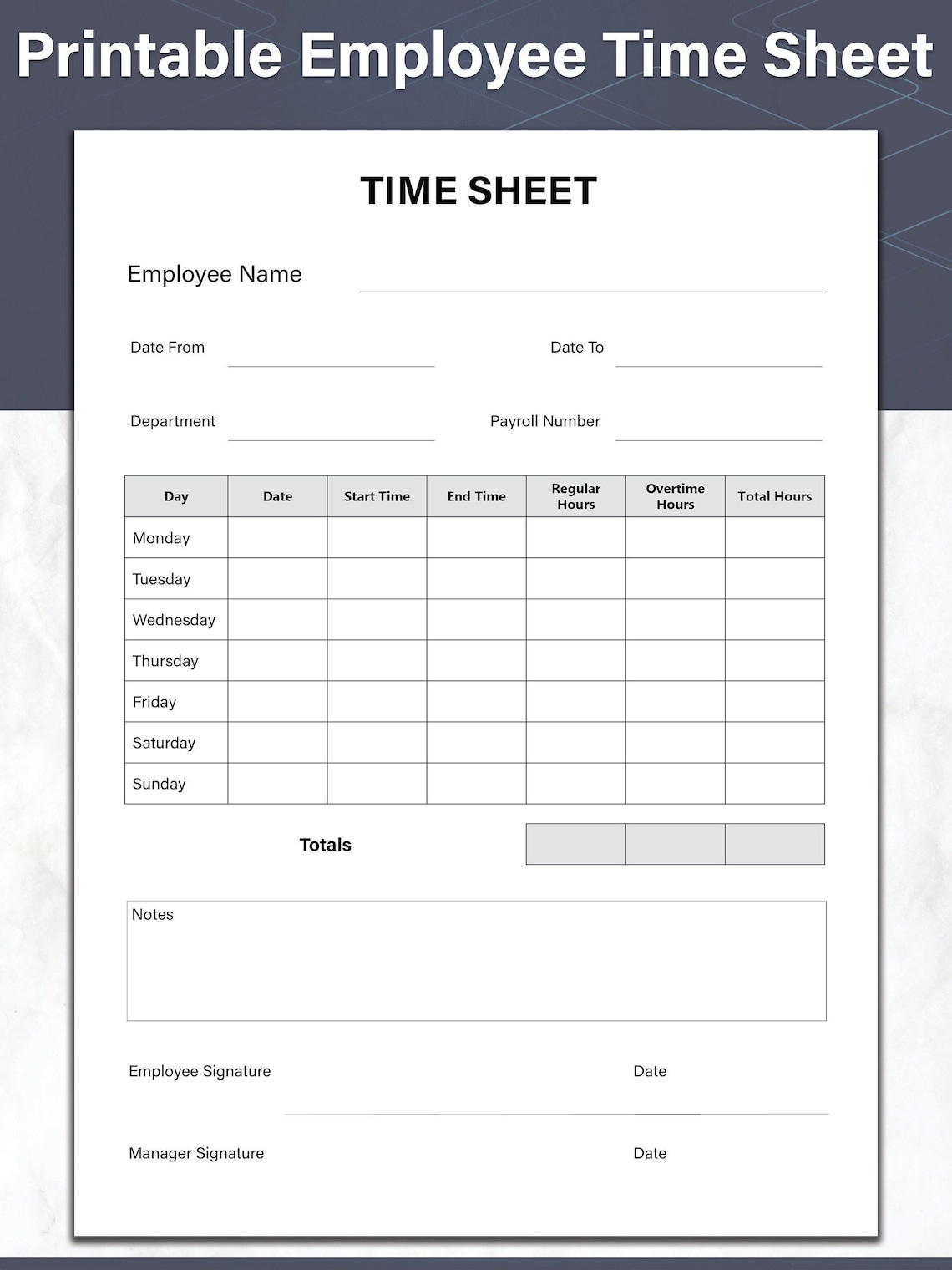 Printable Employee Time Sheet, Hours Worked Log and Weekly Time Tracker ...