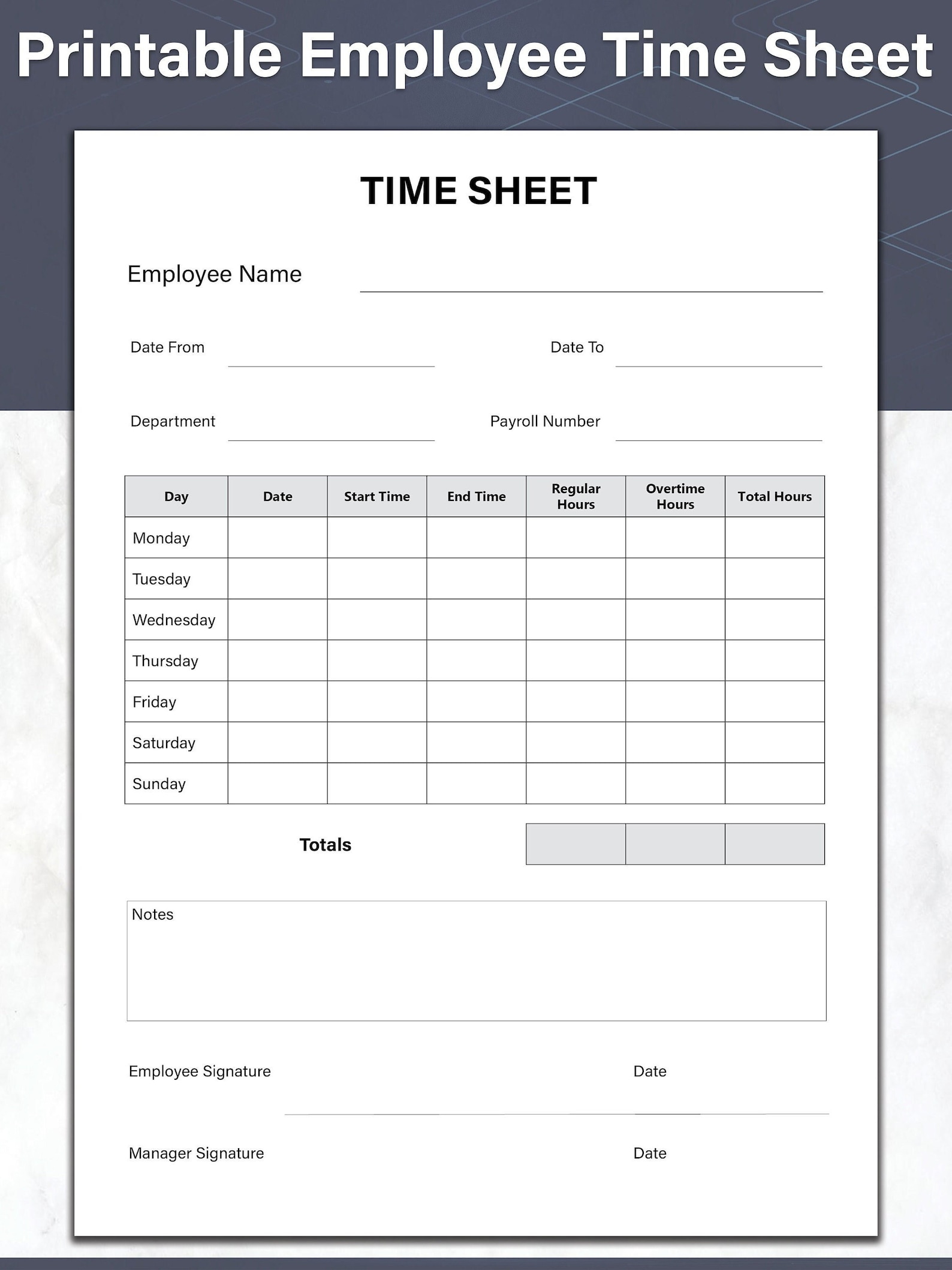 Printable Employee Time Sheet Template, Hours Worked Log and Weekly ...