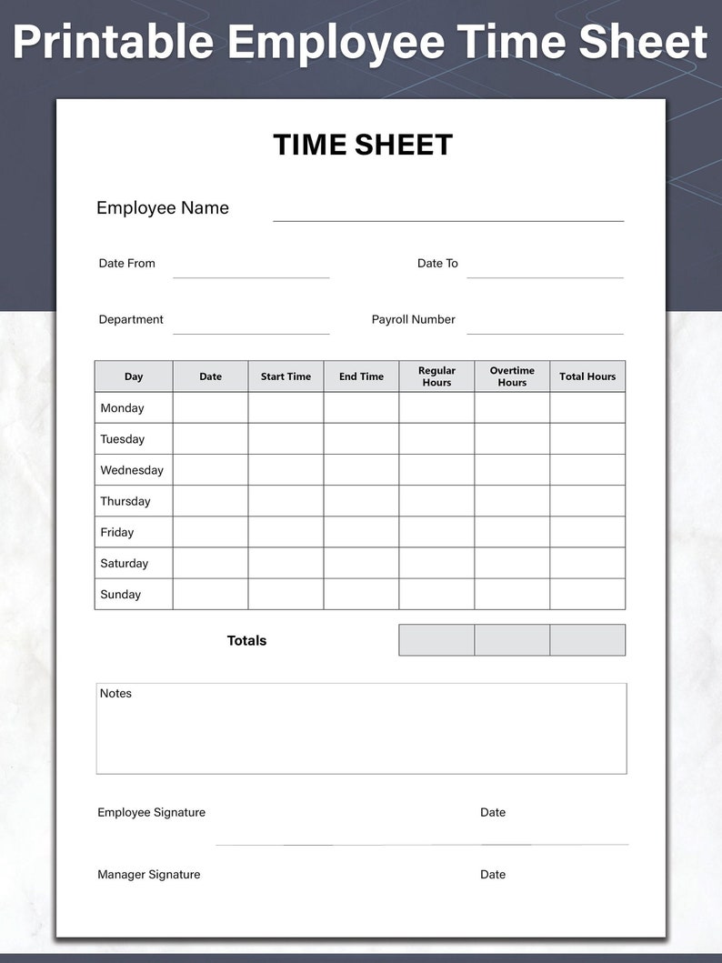 Printable Employee Time Sheet Template, Hours Worked Log and Weekly ...