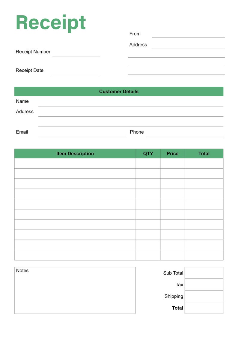 Printable Receipt Template: Customer Order Form, Six Colors Ideal for ...