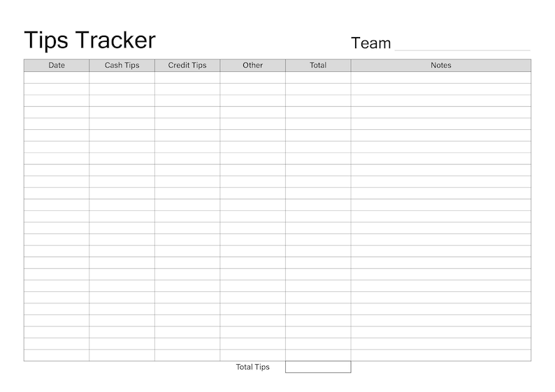 Server Tips Tracker, Printable Simple Tips Record for Bars, Restaurants ...