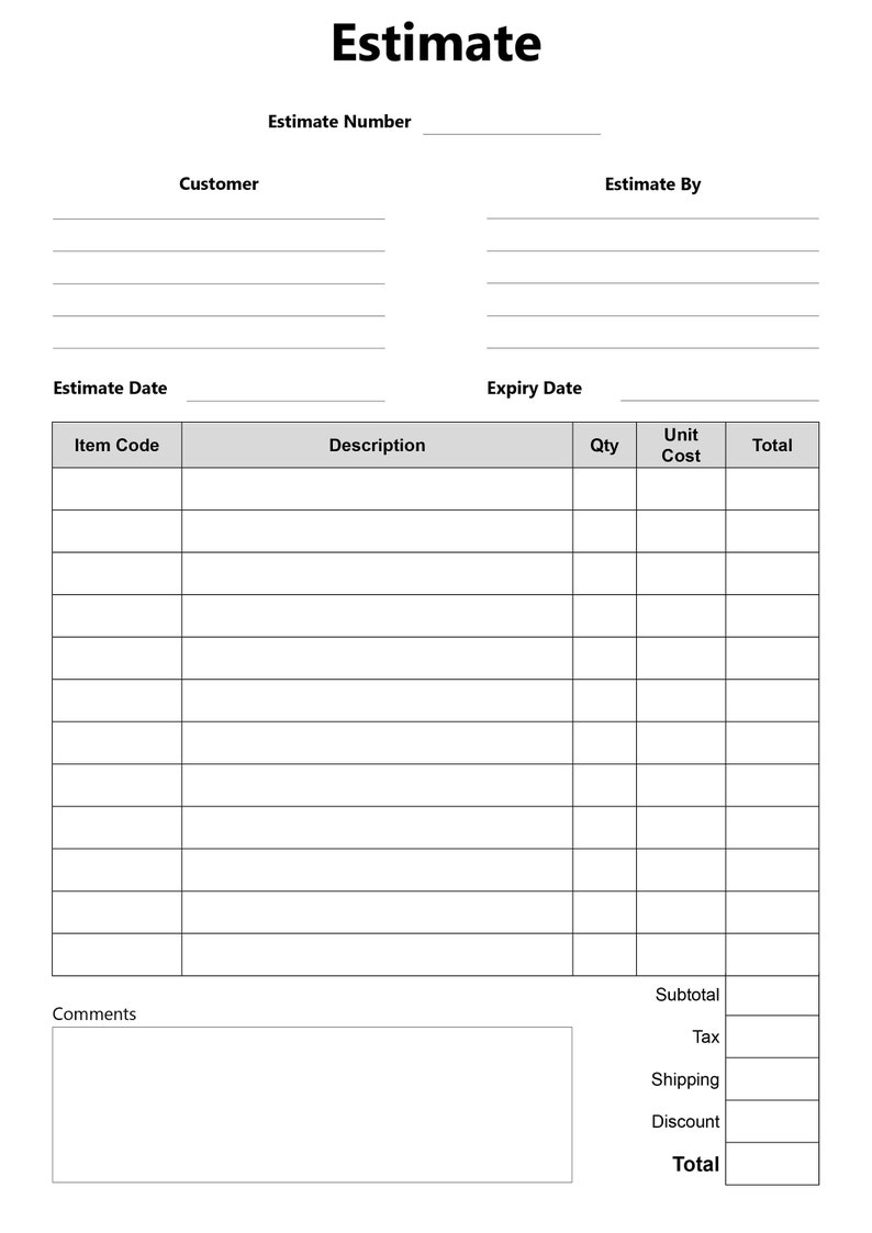 Estimate and Quote Template, Simple Estimate Form, Printable Quote and ...