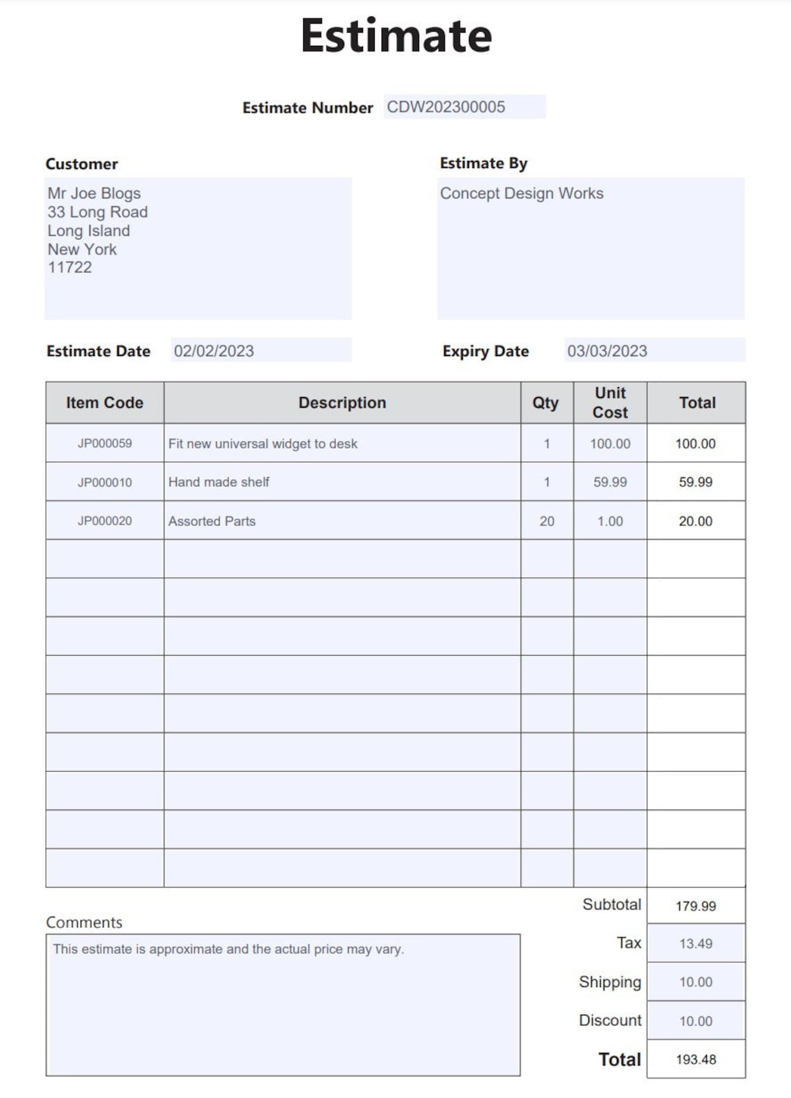 Estimate and Quote Template Fillable and Printable Simple Estimate Form ...