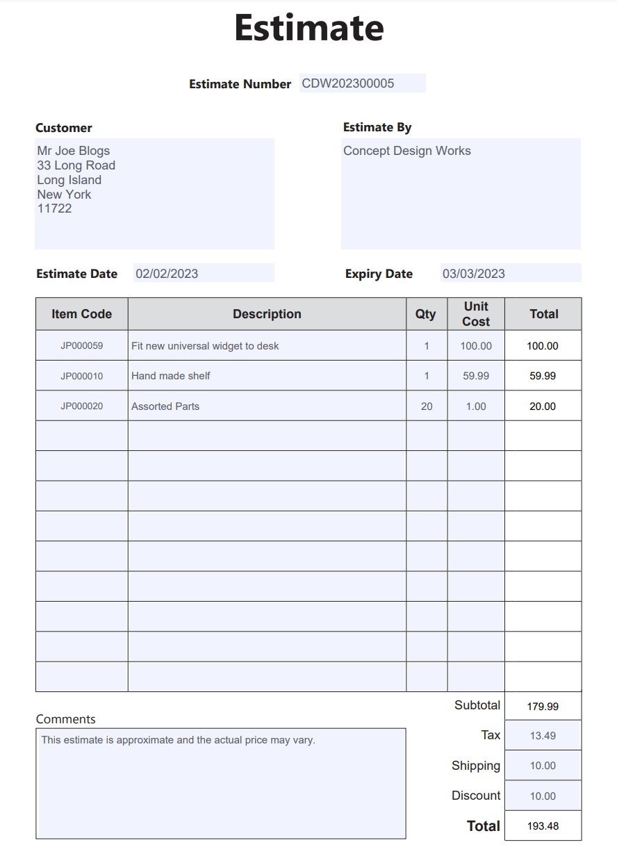 Estimate and Quote Template Fillable and Printable Simple Estimate Form ...