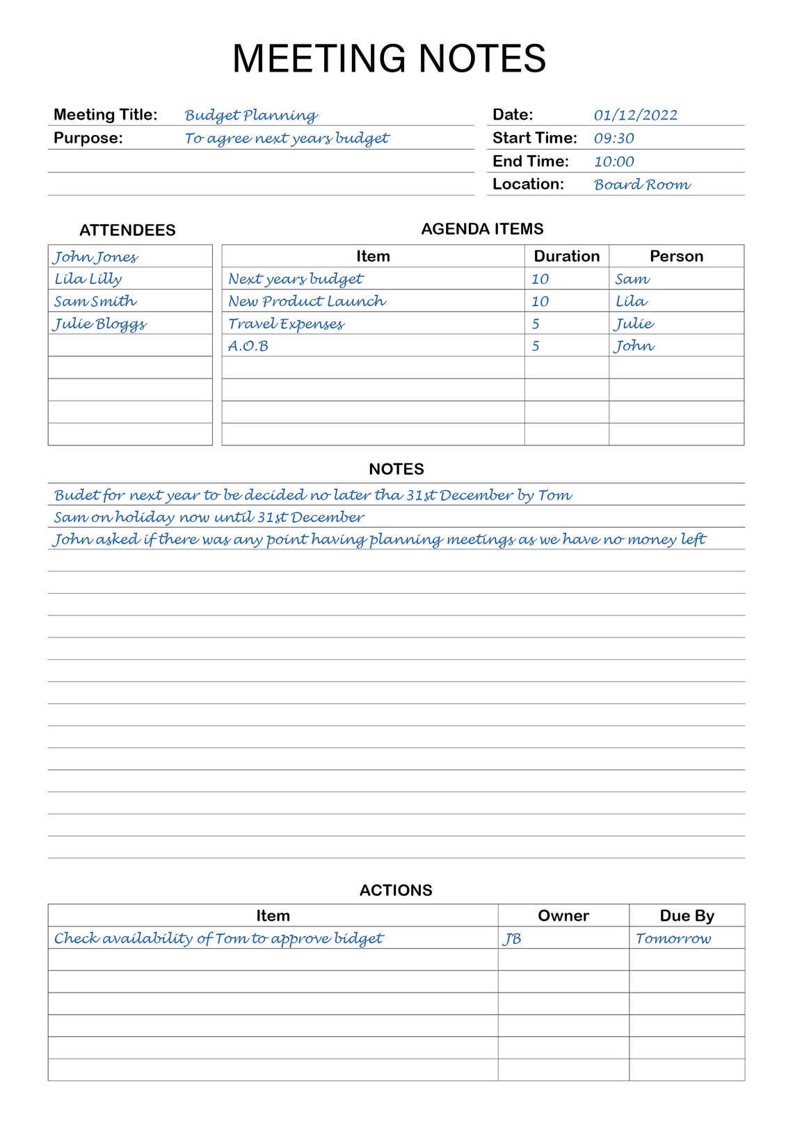 Meeting Notes Template Printable, Simple Meeting Notes Form, Minutes ...