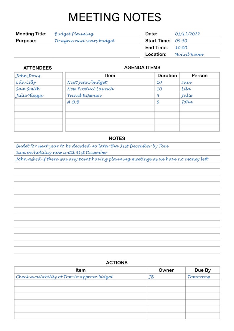 Meeting Notes Template Printable, Simple Meeting Notes Form, Minutes ...