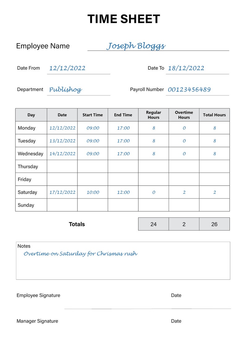 Printable Employee Time Sheet, Hours Worked Log and Weekly Time Tracker ...