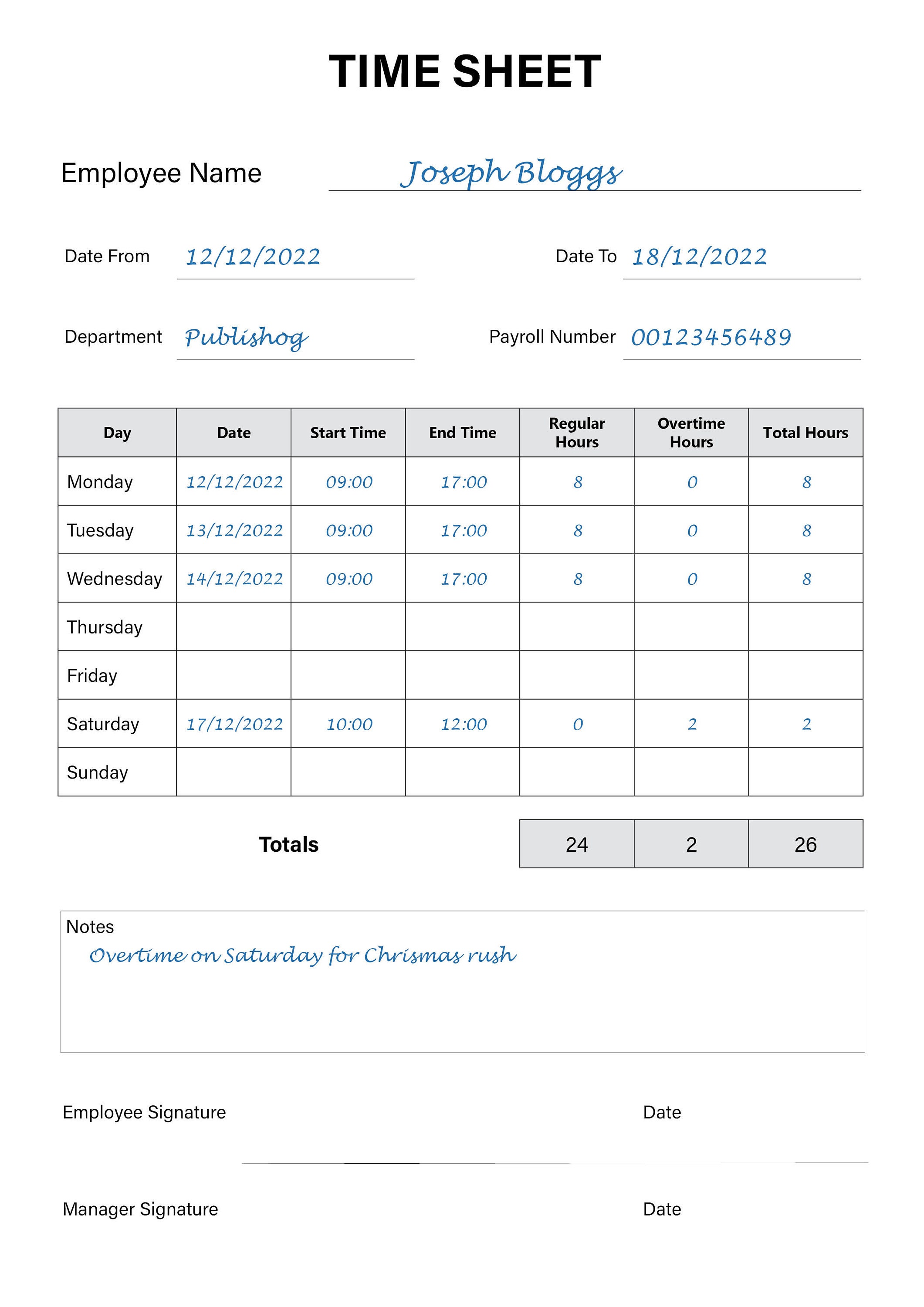 Printable Employee Time Sheet, Hours Worked Log and Weekly Time Tracker ...