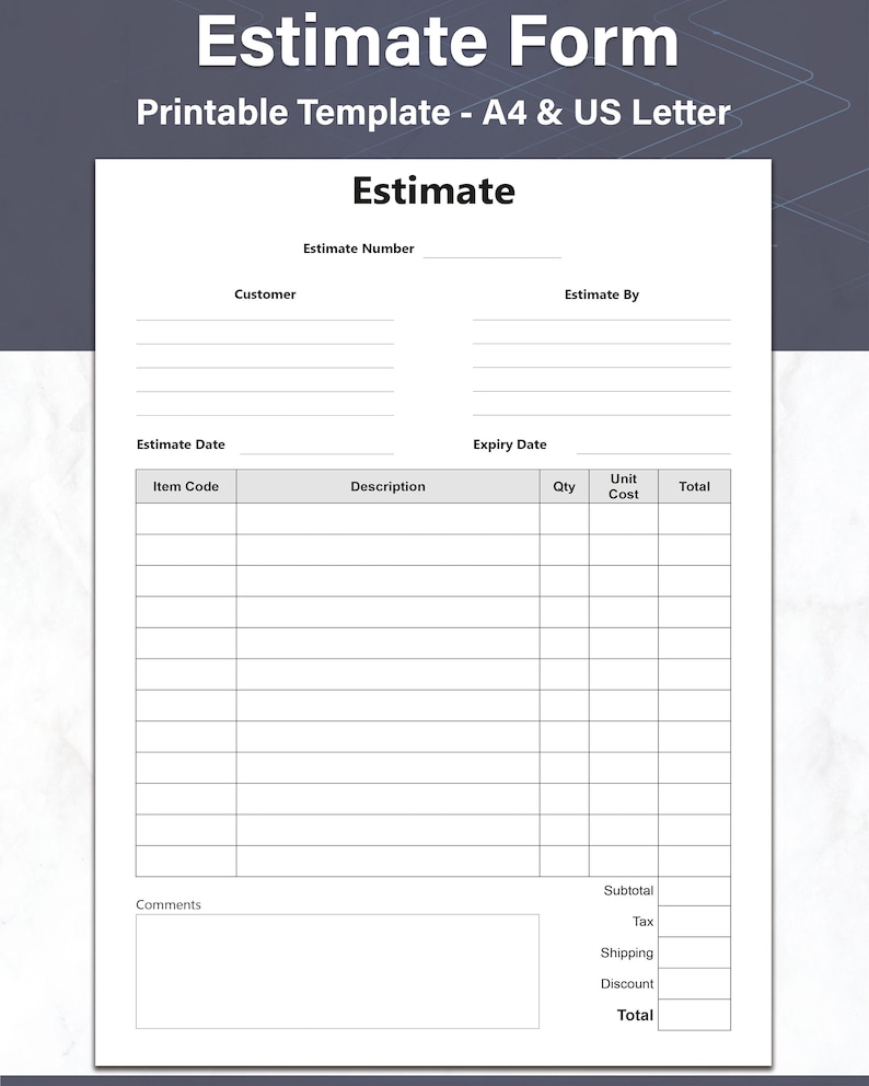 Estimate and Quote Template, Simple Estimate Form, Printable Quote and Work Estimate Sheet ...