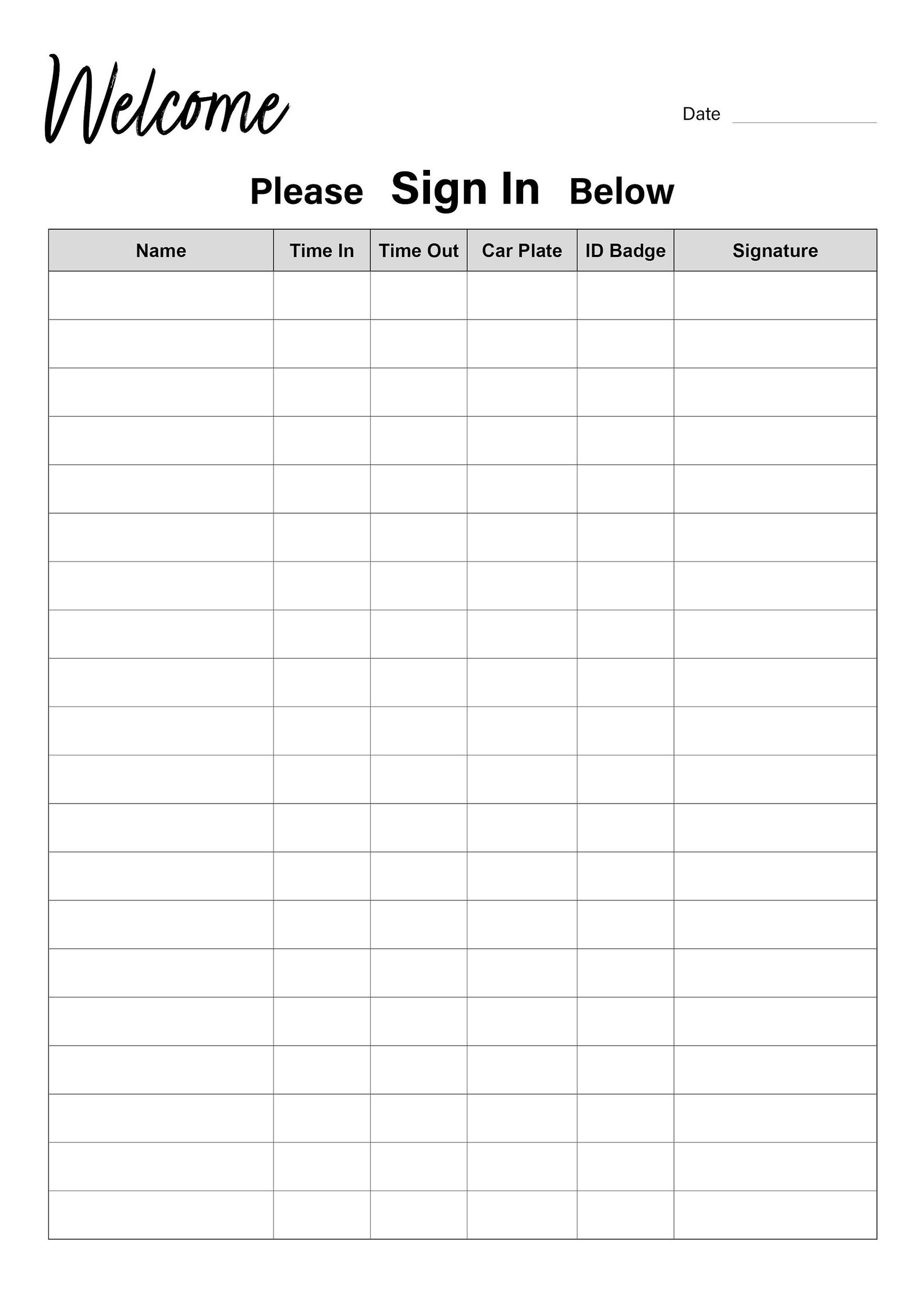 Printable Sign in Sheet, Simple Sign in Form for Your Front Desk or ...