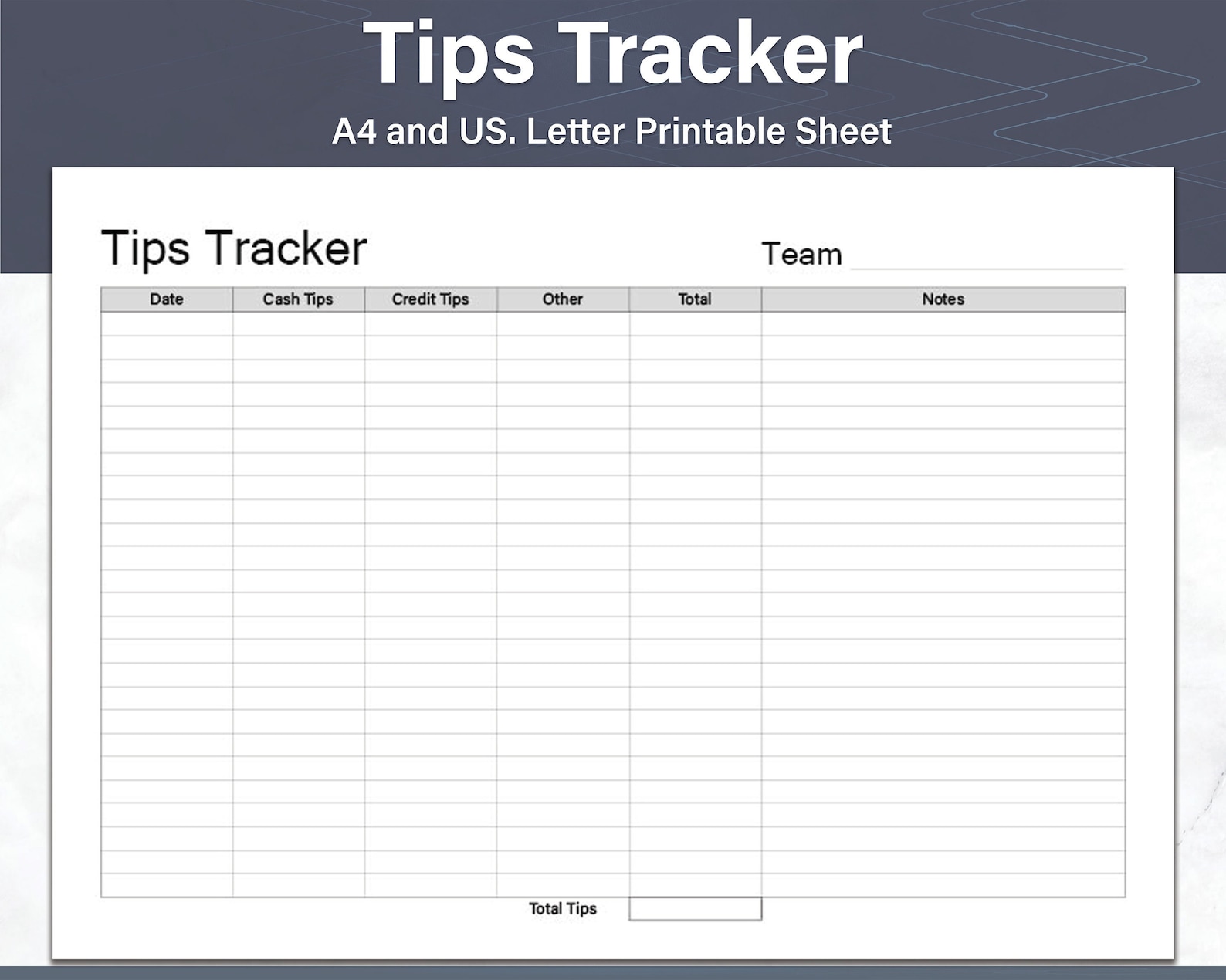 Server Tips Tracker, Printable Simple Tips Record for Bars, Restaurants ...