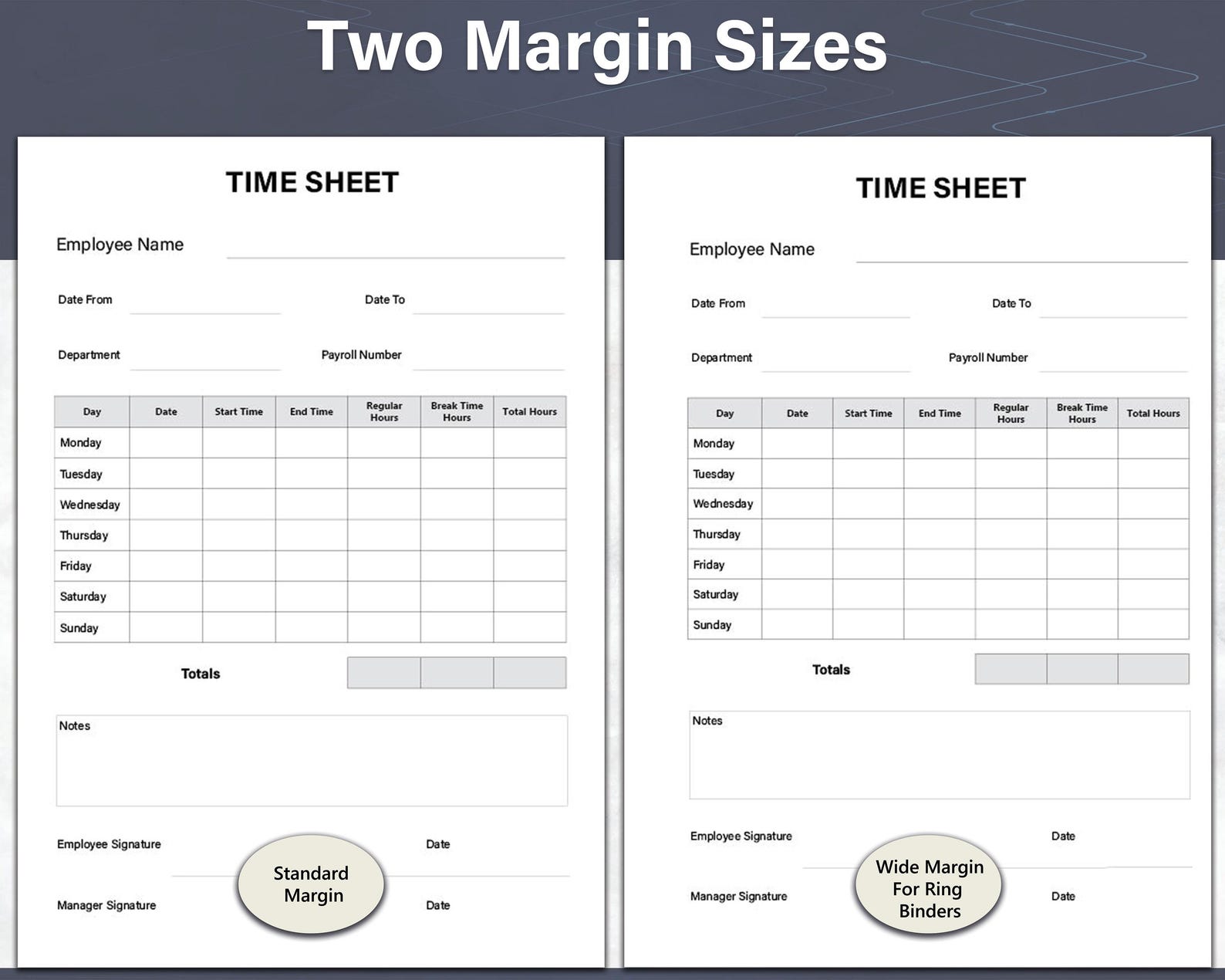 Printable Employee Time Sheet Template, Hours Worked and Weekly Time ...