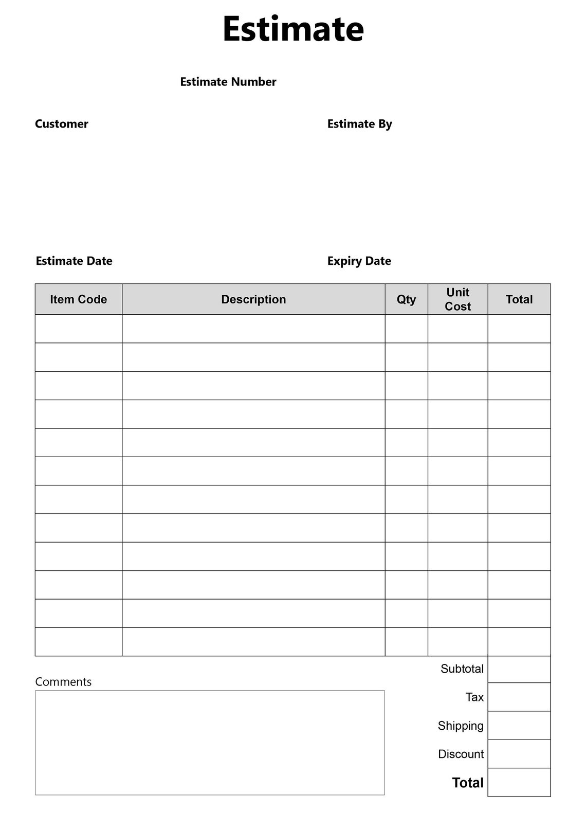 Estimate and Quote Template Fillable and Printable Simple Estimate Form ...