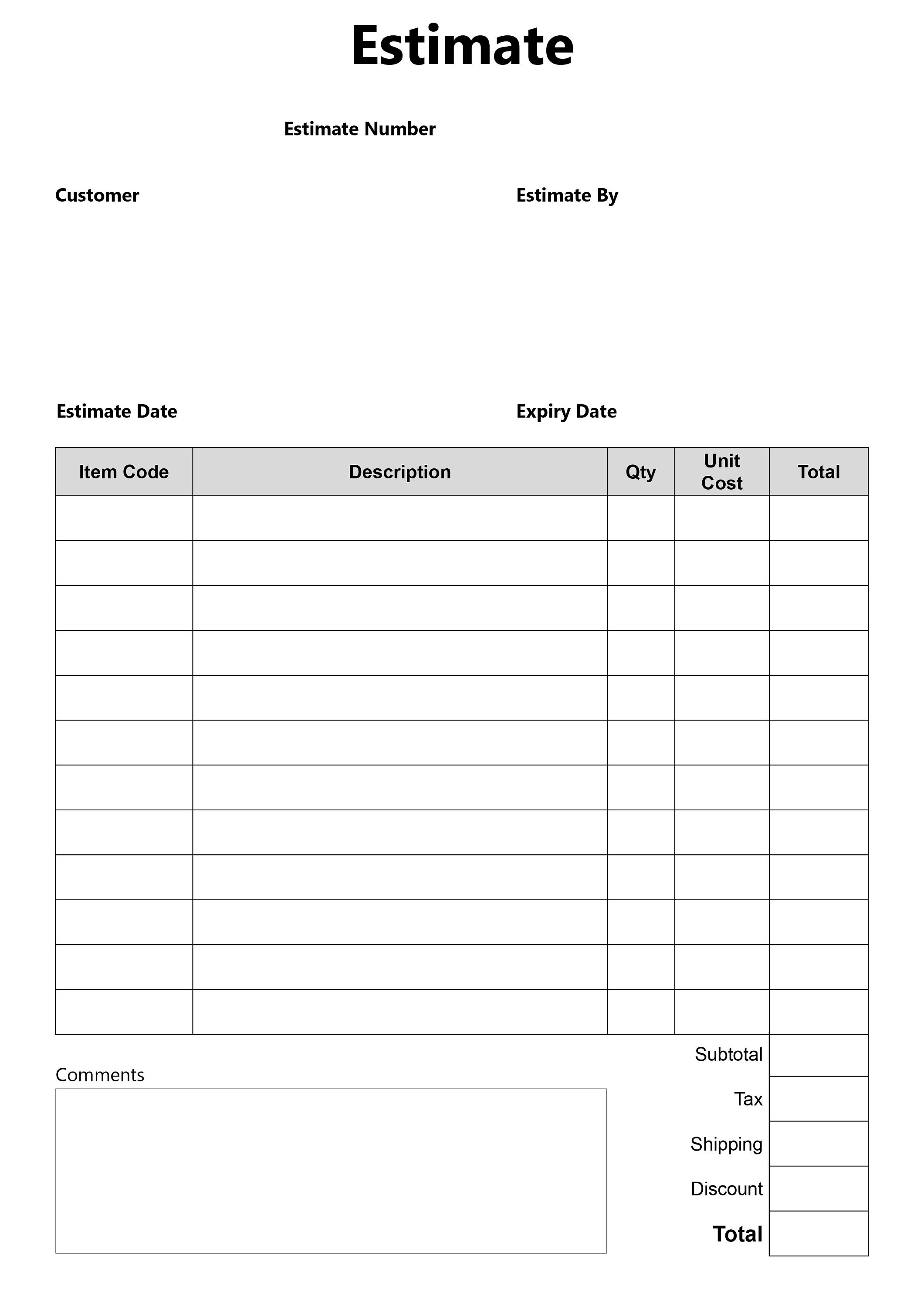 Estimate and Quote Template Fillable and Printable Simple Estimate Form ...