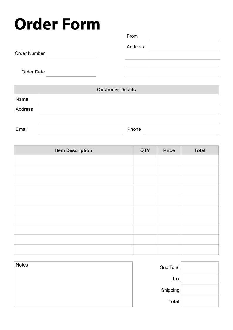 Order Form Template, Purchase Order Form and Simple Printable Customer ...