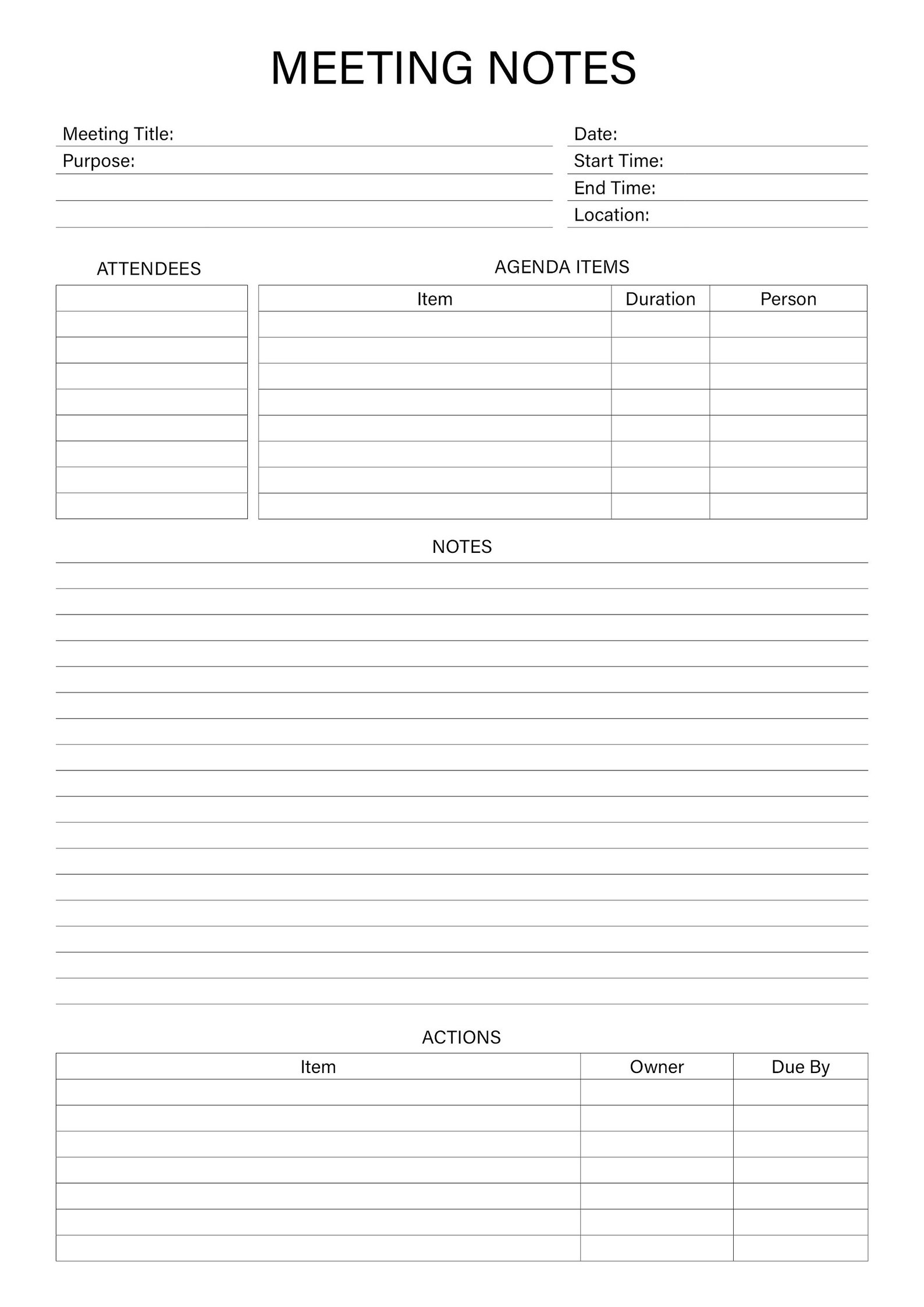 Meeting Notes Template Printable, Simple Meeting Notes Form, Minutes ...