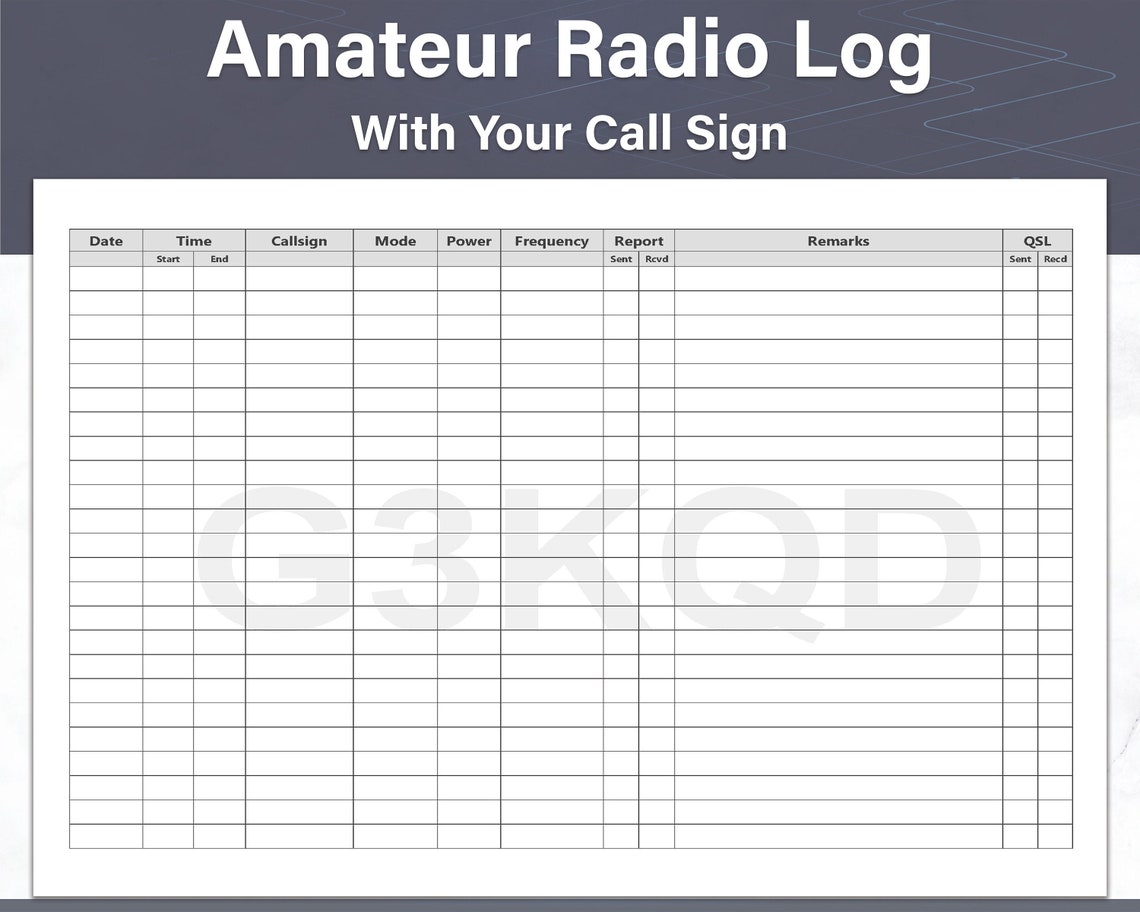 Personalized Ham Radio Log Sheet With Your Amateur Radio Call Sign Across the Page, Printable ...