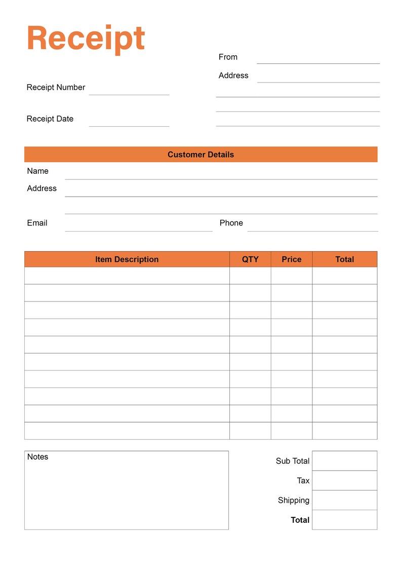 Printable Receipt Template: Customer Order Form, Six Colors Ideal for ...