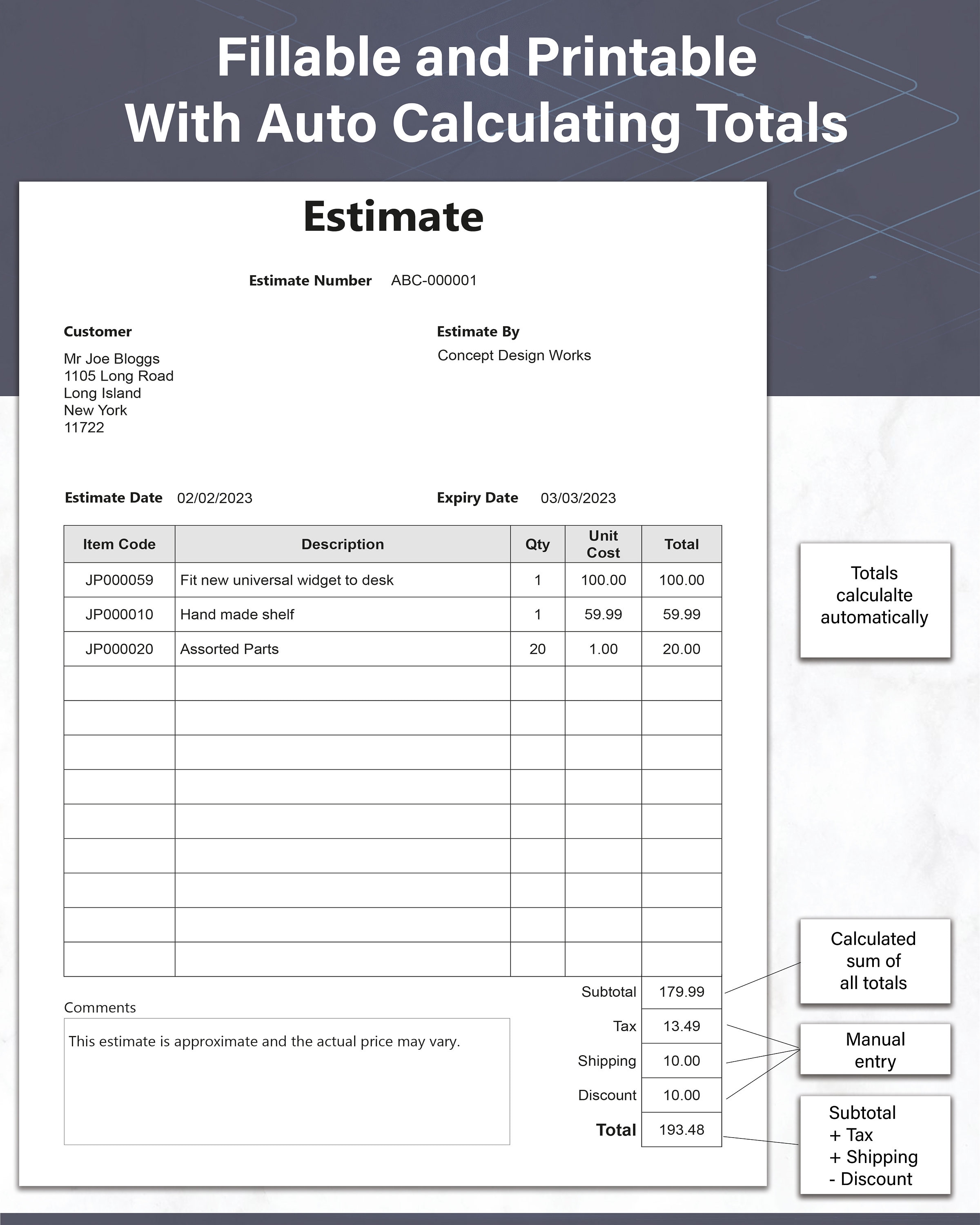 Estimate and Quote Template Fillable and Printable Simple Estimate Form ...