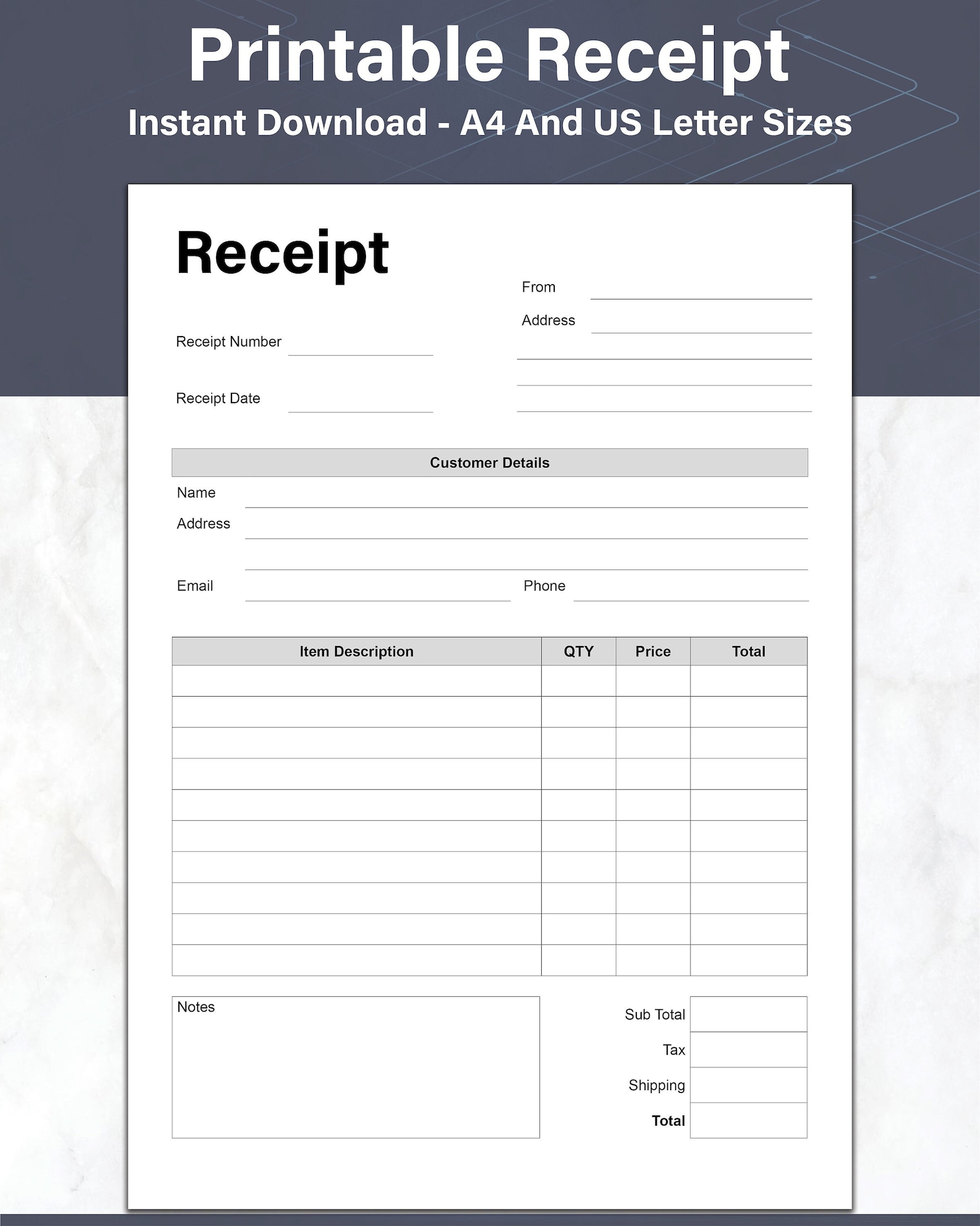 Receipt Template Printable Customer Order Receipt, Small Business Sales ...