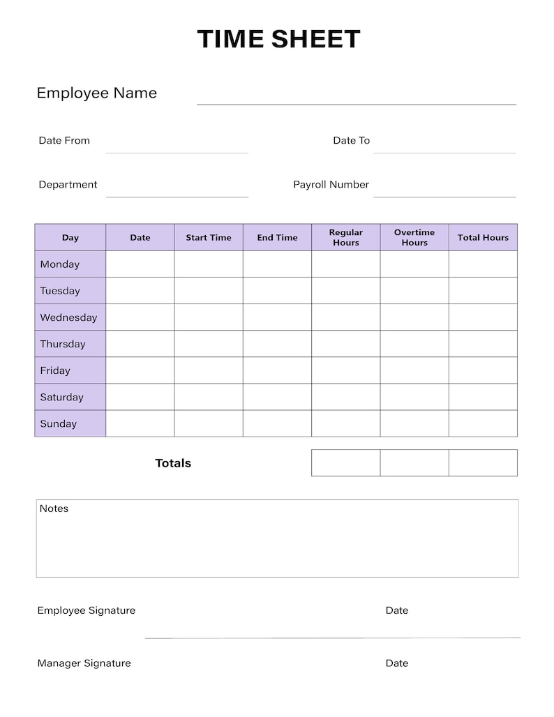 Employee Time Sheets, Printable Work Time Tracker, Weekly Staff Time ...