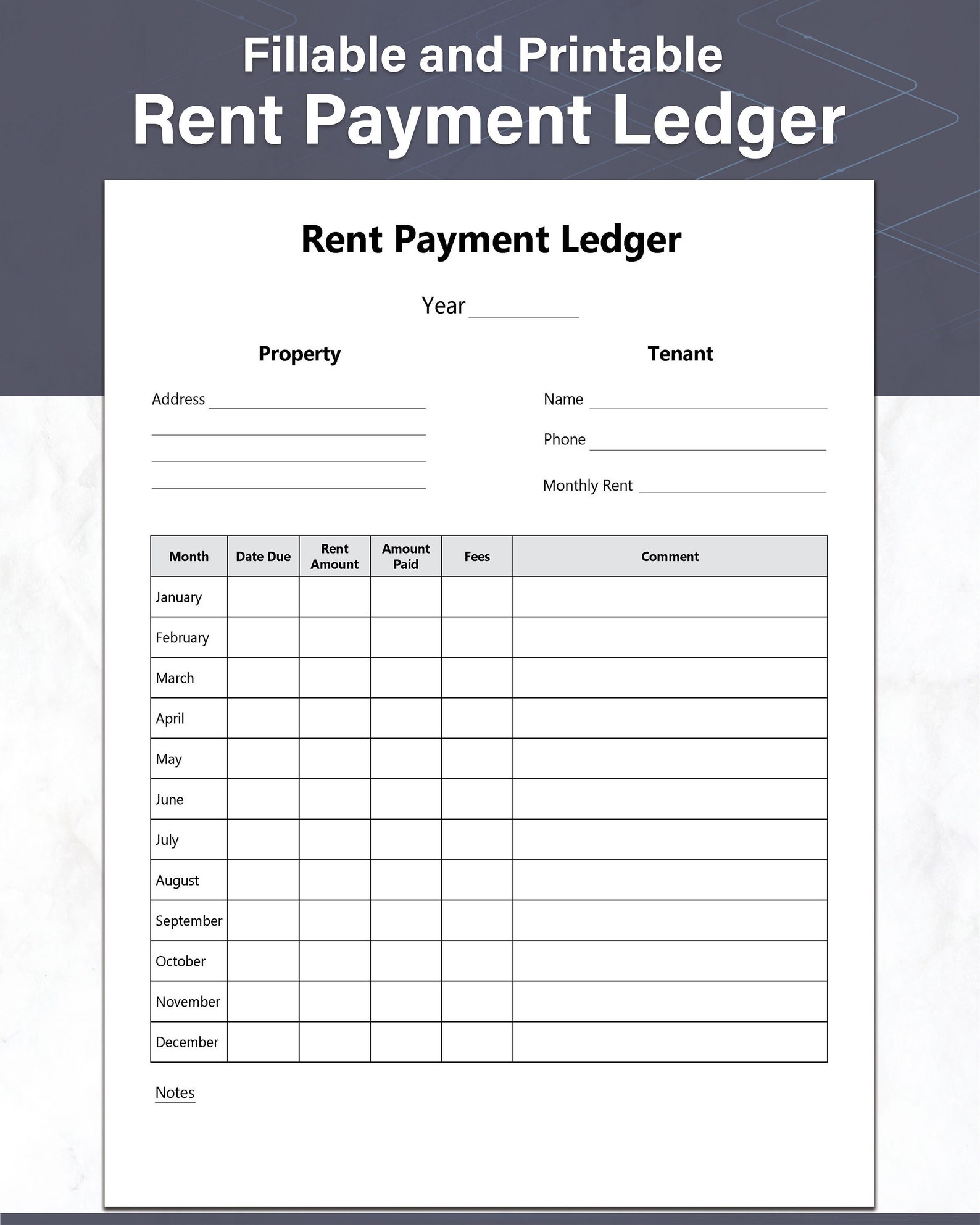 Rent Payment Ledger, Tenant Payment Log, Fillable and Printable Payment ...