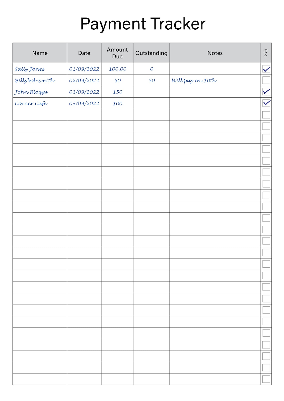 Payment Tracker and Client Payment History Log, Simple Fee Payment ...