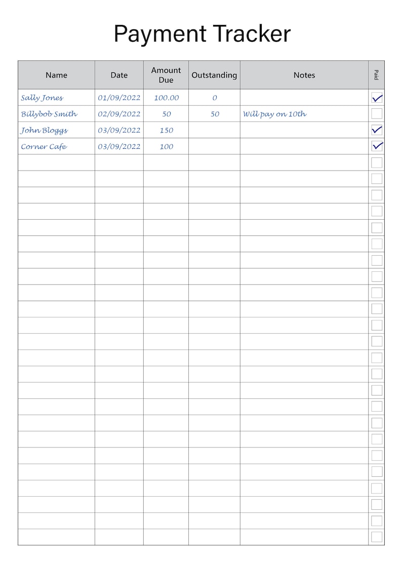 Payment Tracker and Client Payment History Log, Simple Fee Payment ...