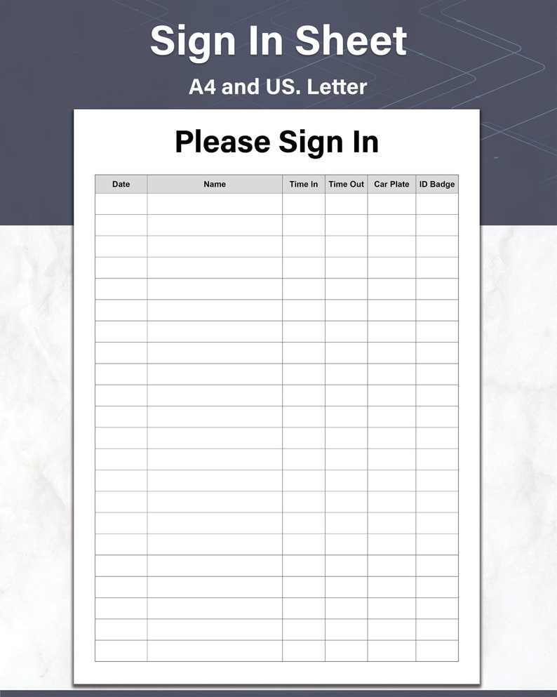 Sign in Sheet, Printable Sign in Form for Your Front Desk or Reception ...