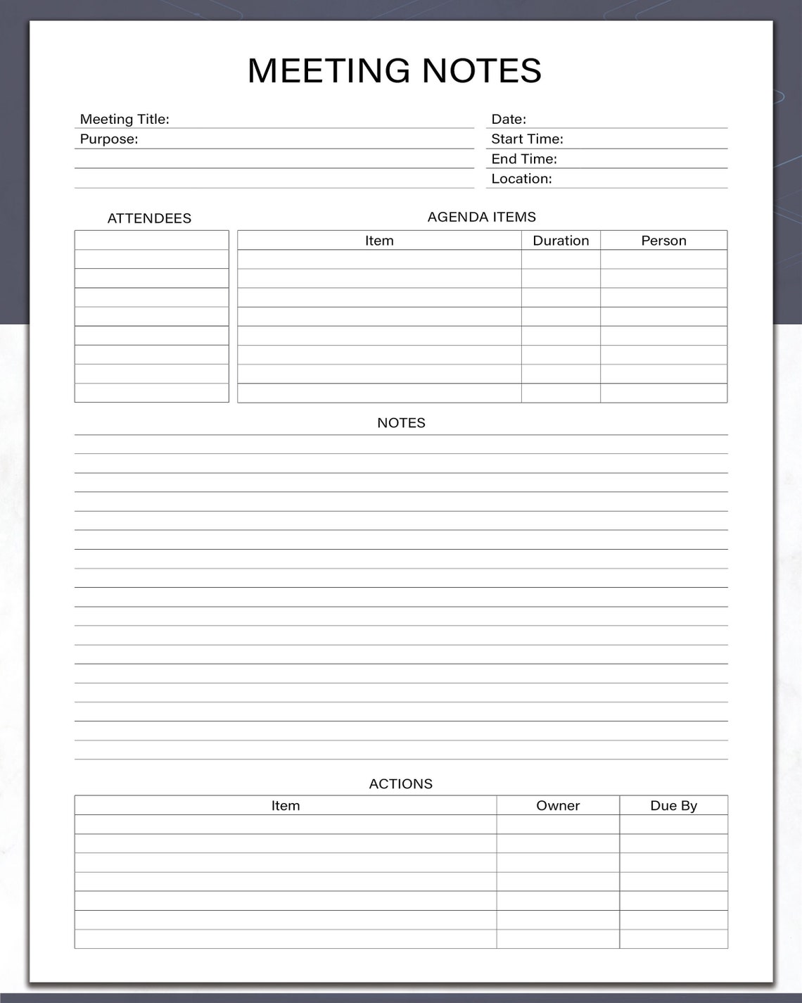 Meeting Notes Template Printable, Simple Meeting Notes Form, Minutes ...