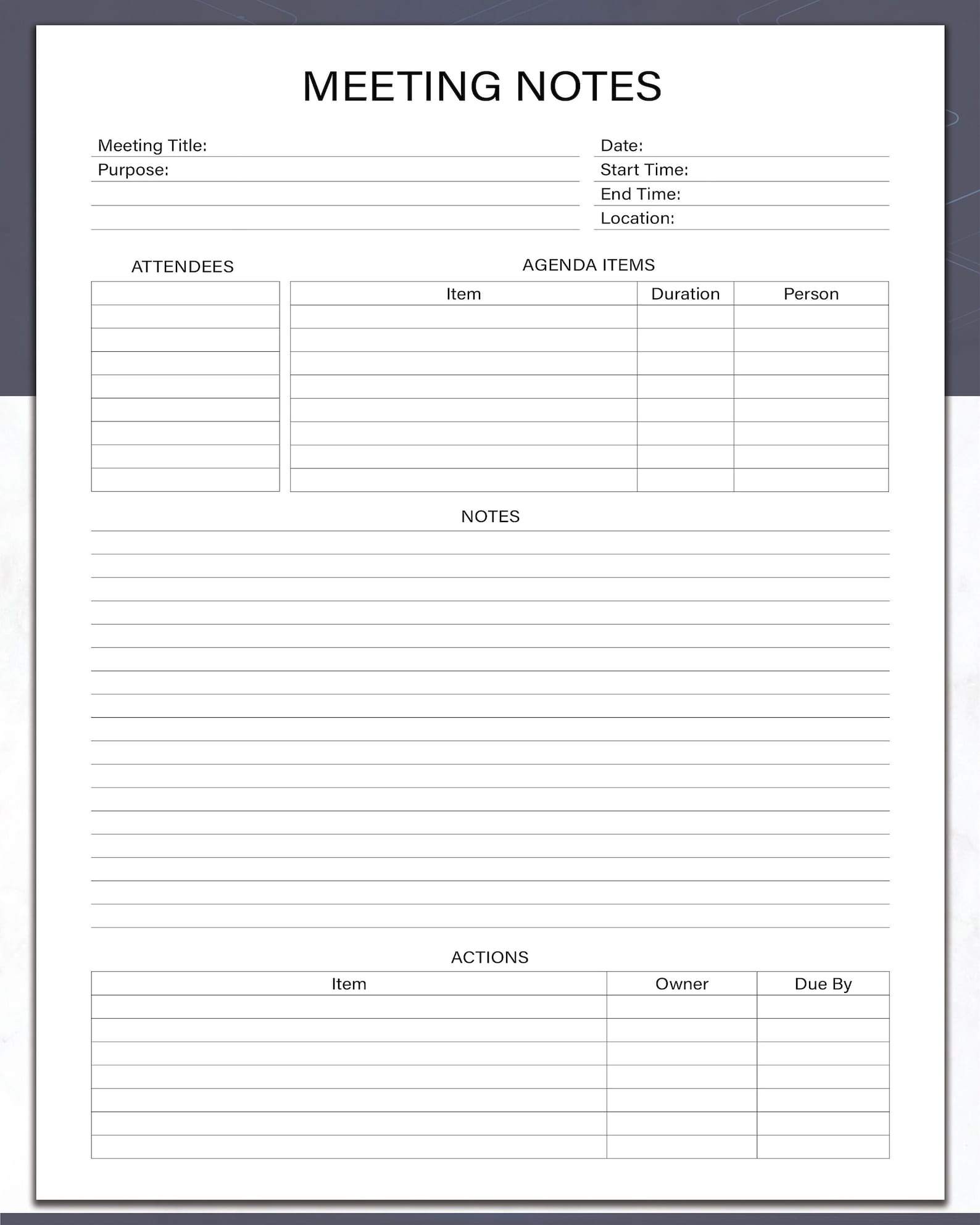 Meeting Notes Template Printable, Simple Meeting Notes Form, Minutes ...
