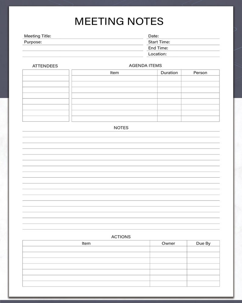 Meeting Notes Template Printable, Simple Meeting Notes Form, Minutes ...