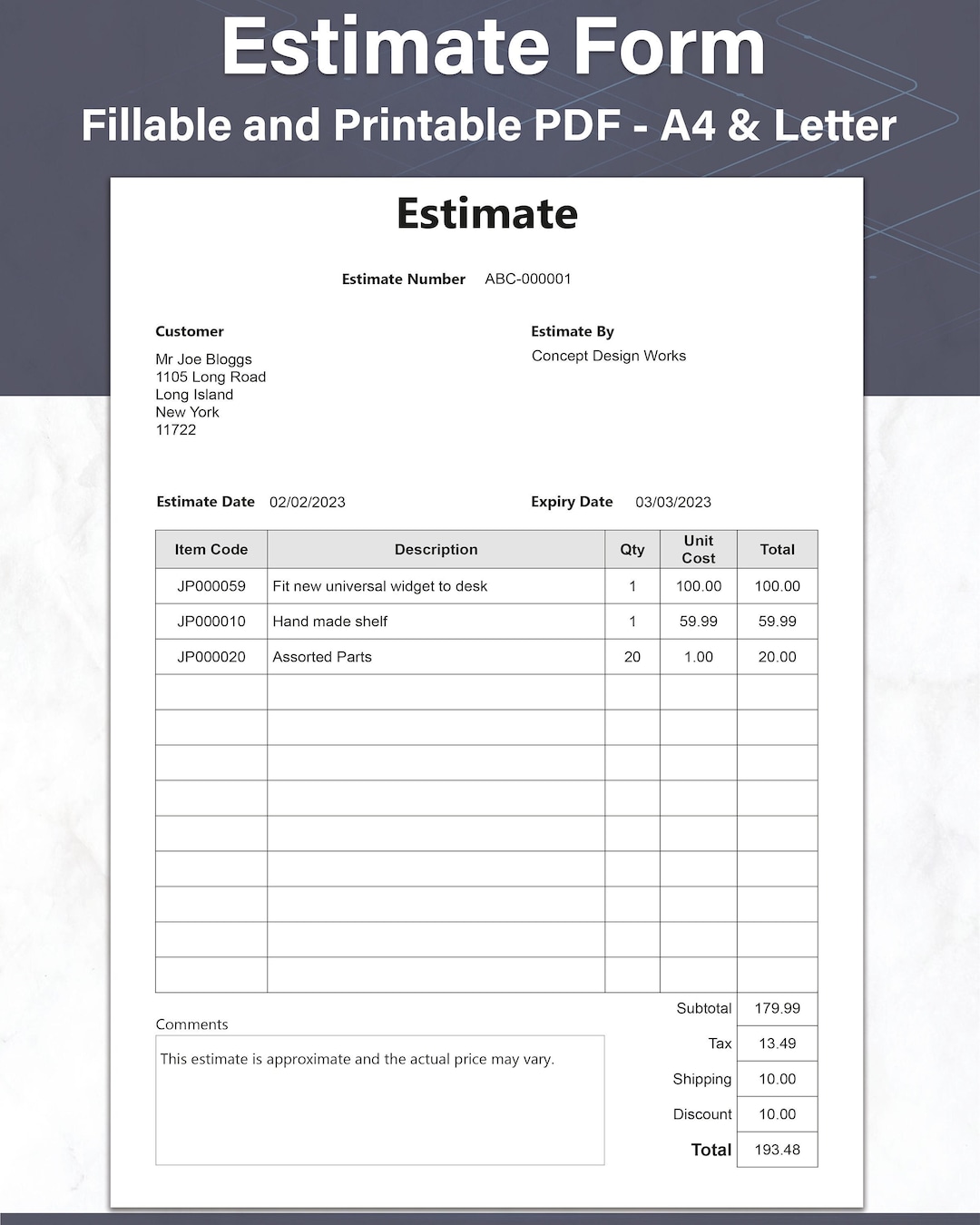 Estimate and Quote Template Fillable and Printable Simple Estimate Form ...