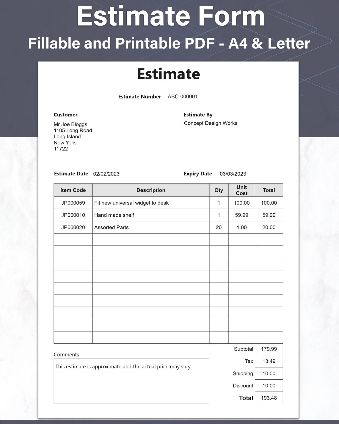 Estimate and Quote Template Fillable and Printable Simple Estimate Form ...