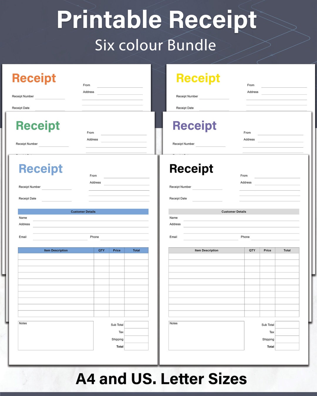 Printable Receipt Template: Customer Order Form, Six Colors Ideal for ...