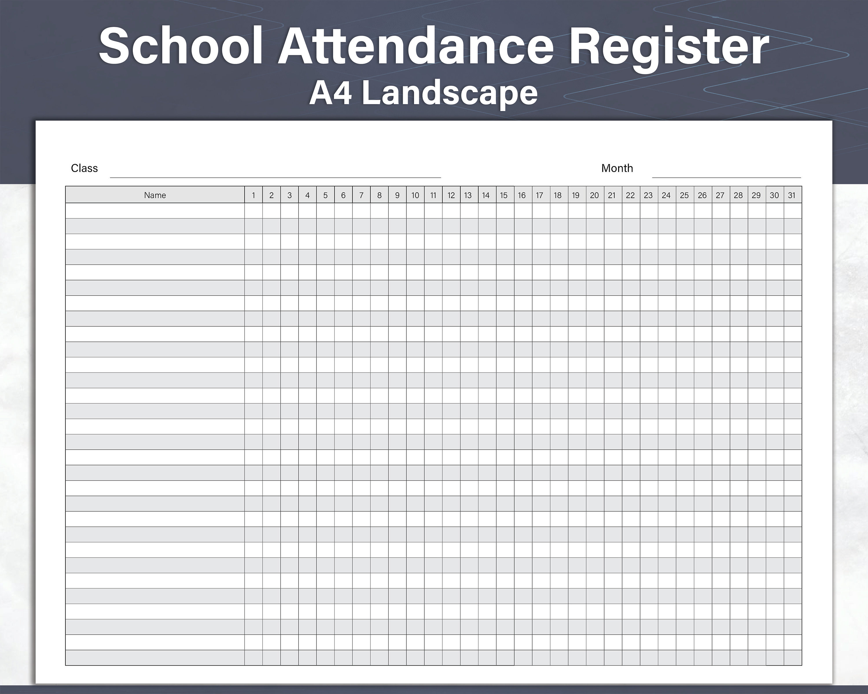 School Attendance Register Sheet, Class Attendance Log, Monthly ...