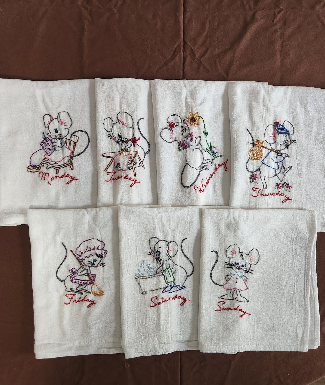 Set of 7 Hand Embroidered Mice Doing Different Activities, Days of the ...