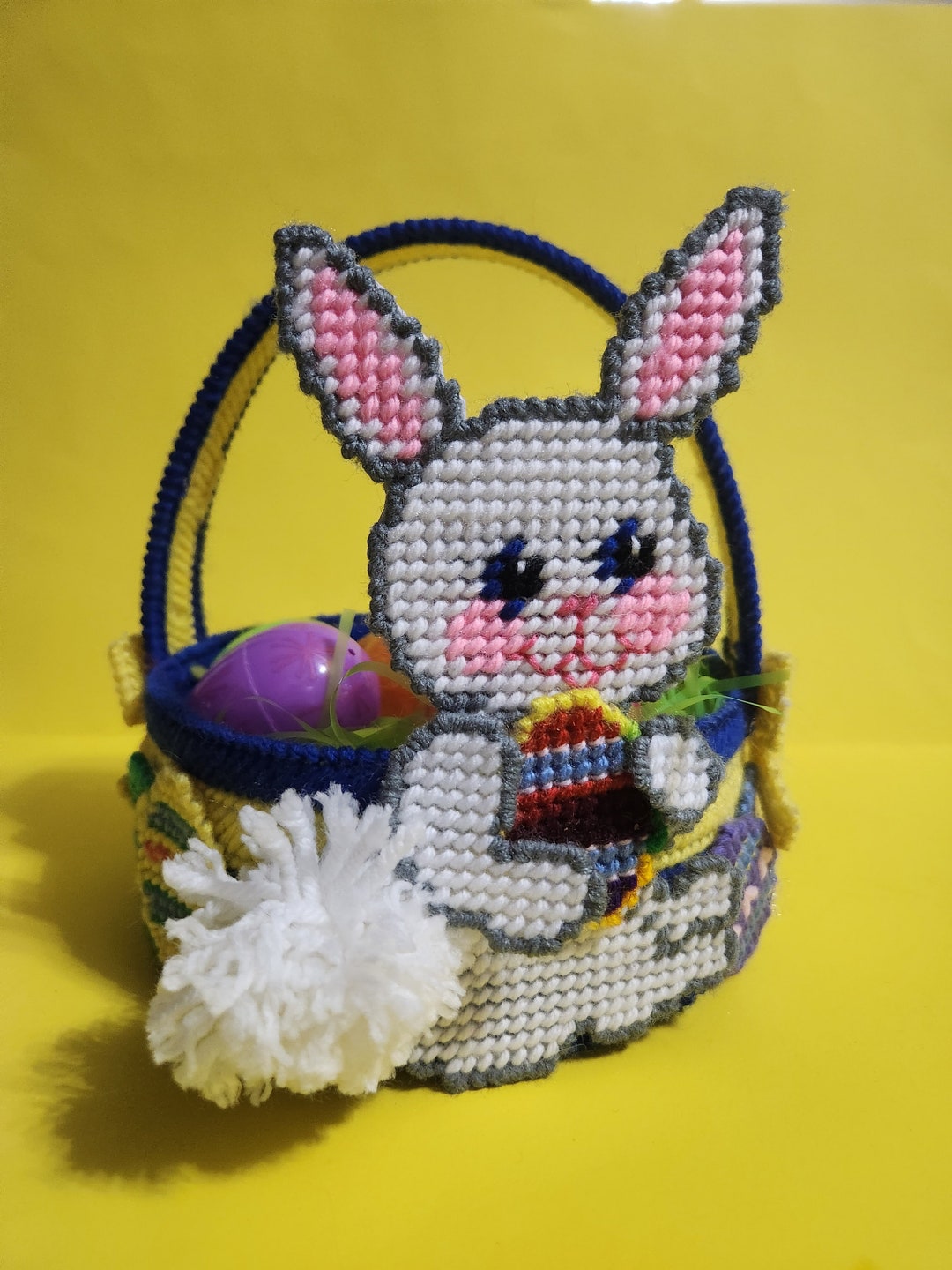 Finished Plastic Canvas Easter Basket W/white Bunny and Colorful Eggs ...