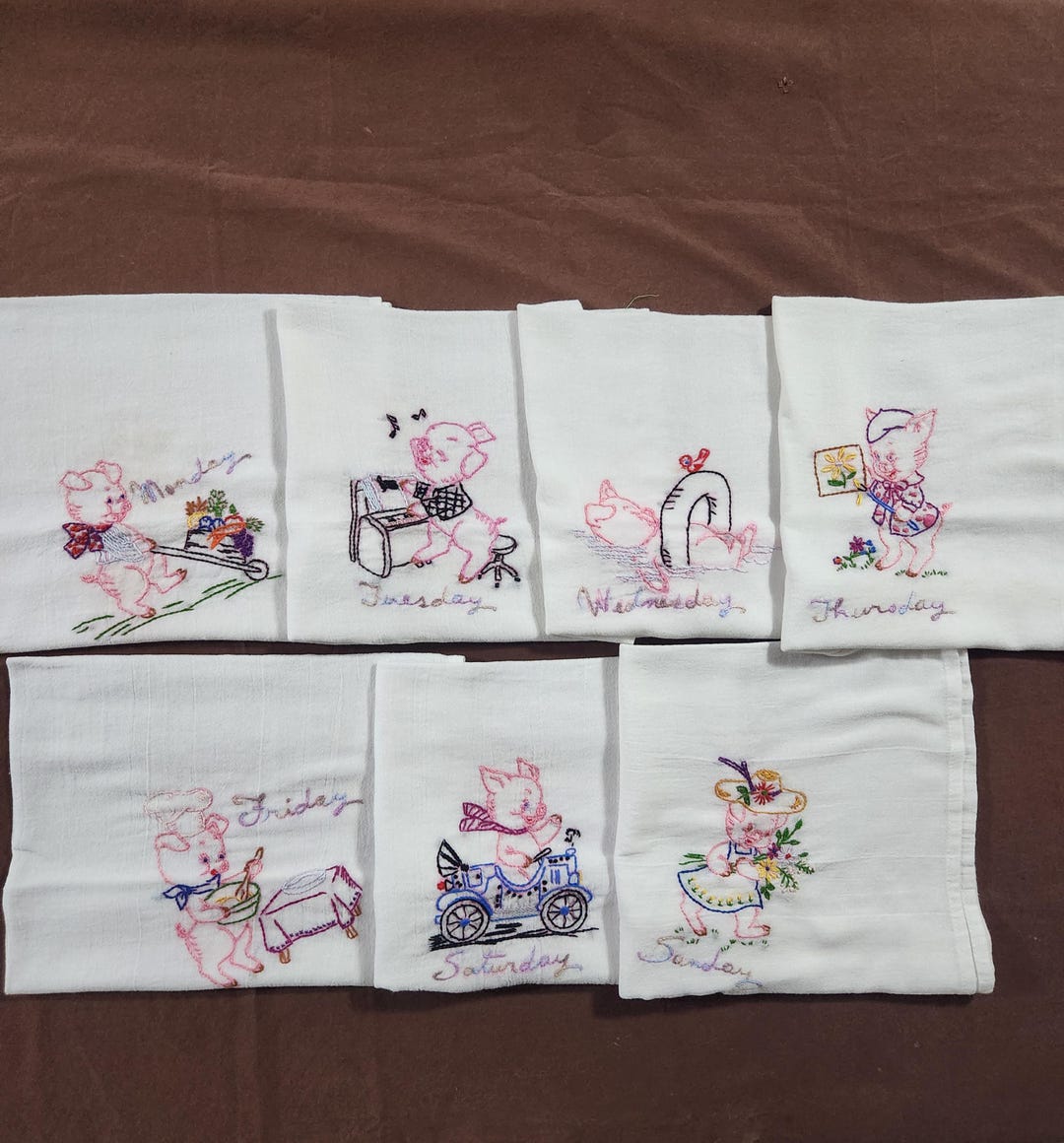 Set of 7 Hand Embroidered Personality Pigs Cotton Towels, 26 X 26 ...