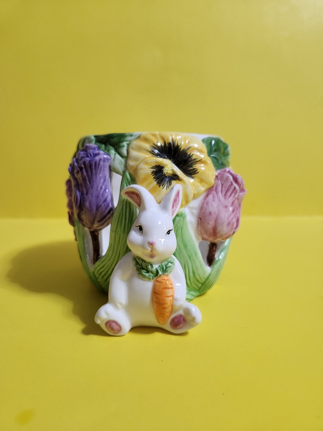 Ceramic/porcelain Spring Flower With White Easter Bunny Dish/flowerpot ...