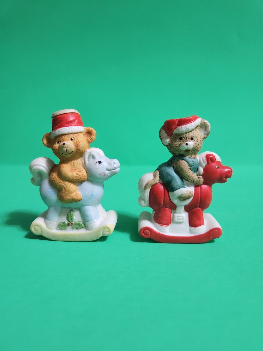 Set of 2 Bisque Porcelain Jasco Teddy Bears Riding Rocking Horses Small ...